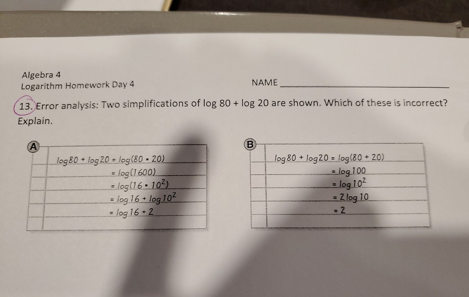 Solved Algebra 4 Logarithm Homework Day 4 NAME 13. Error | Chegg.com