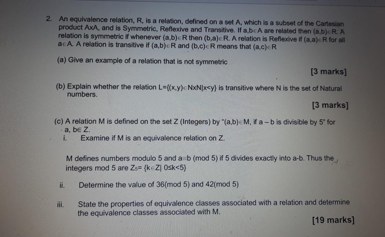 Solved 2. An equivalence relation, R, is a relation, defined | Chegg.com