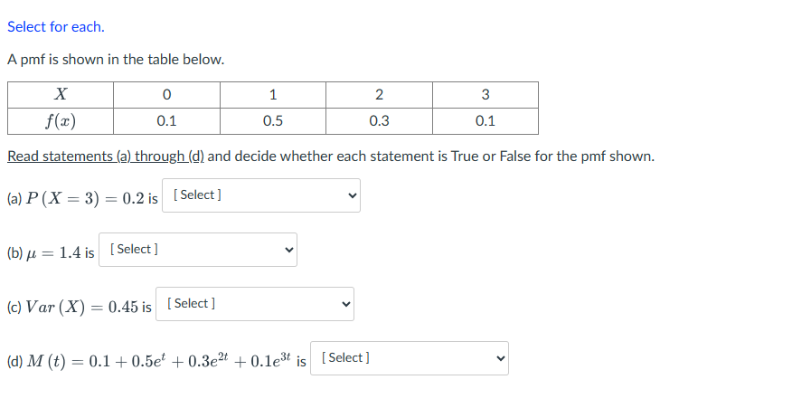 Solved Select for each. A pmf is shown in the table below. | Chegg.com