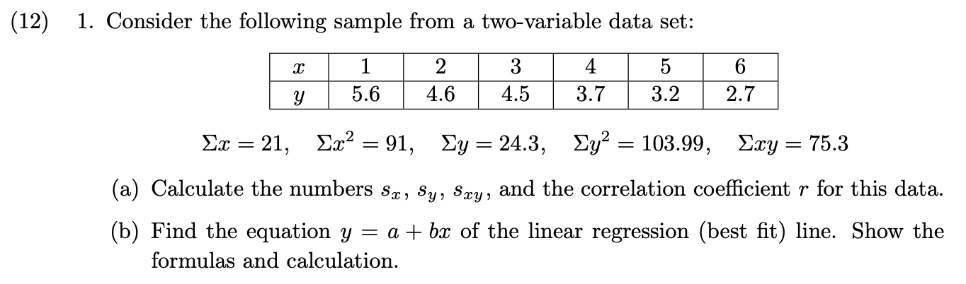 Solved ( 12) 1. Consider the following sample from a | Chegg.com