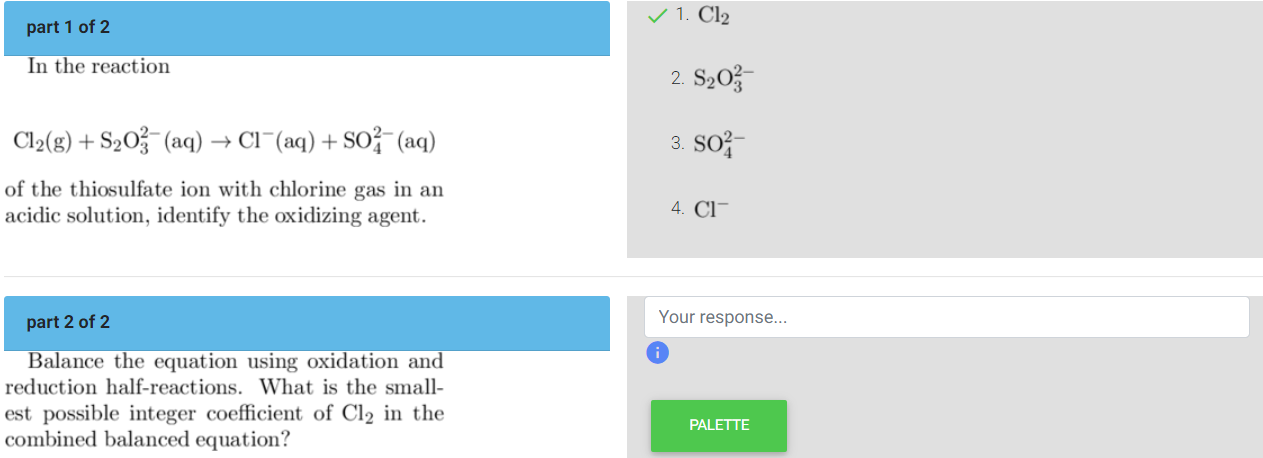 Solved part 1 of 2 1. Cl2 In the reaction 2. S2O32− Cl2( | Chegg.com
