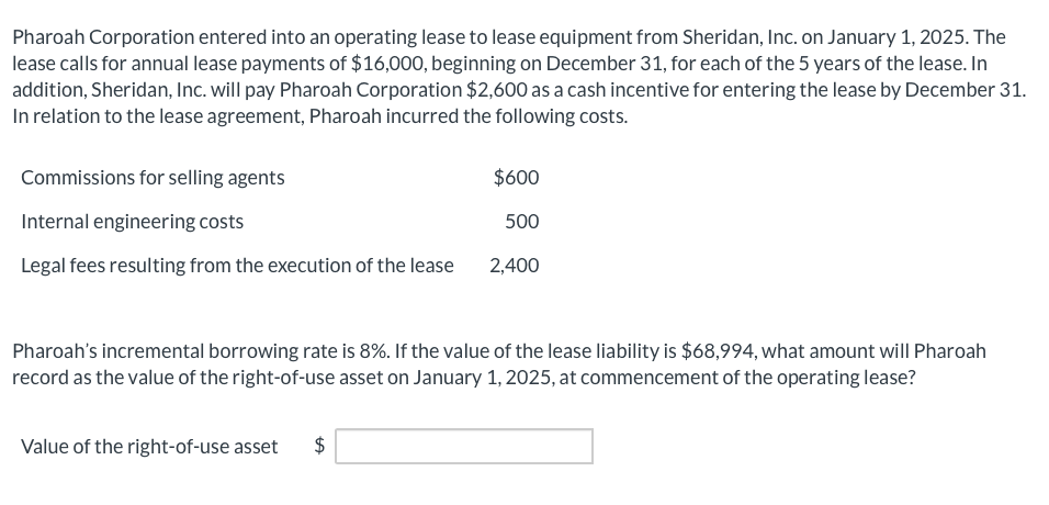 Solved Pharoah Corporation entered into an operating lease | Chegg.com