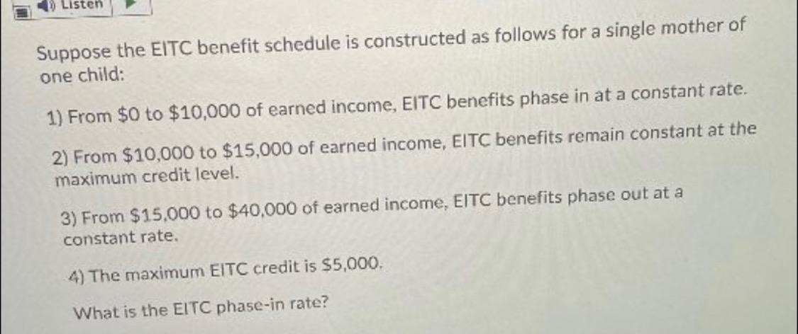 Solved Listen Suppose the EITC benefit schedule is | Chegg.com