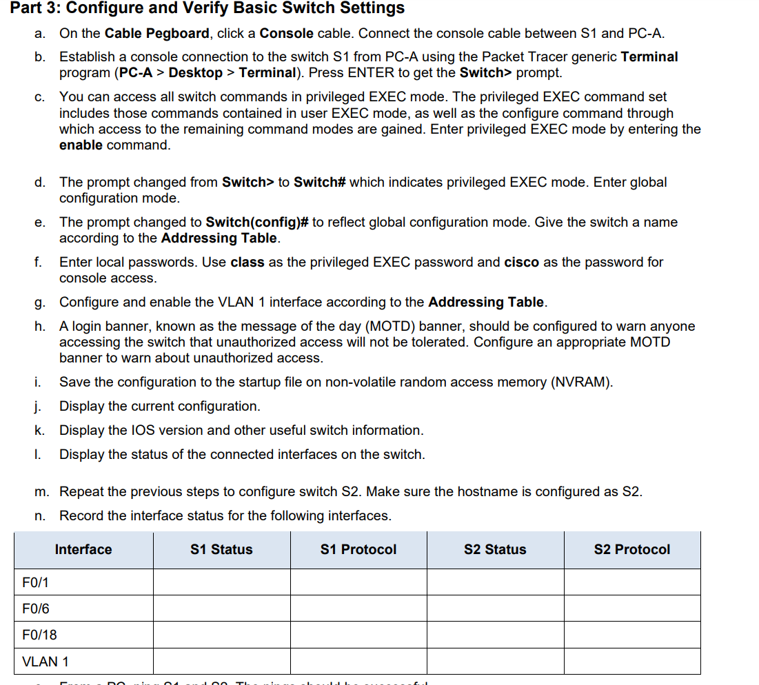 Solved Topology Addressing Table Objectives Part 1: Set Up | Chegg.com