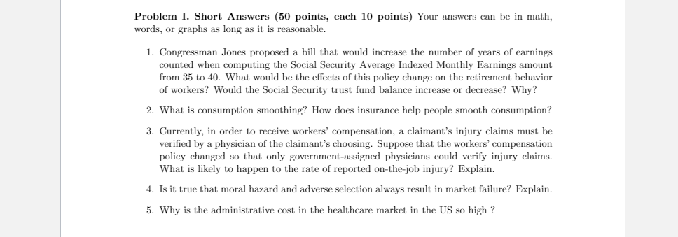 Solved Problem I. Short Answers (50 points, each 10 points) | Chegg.com