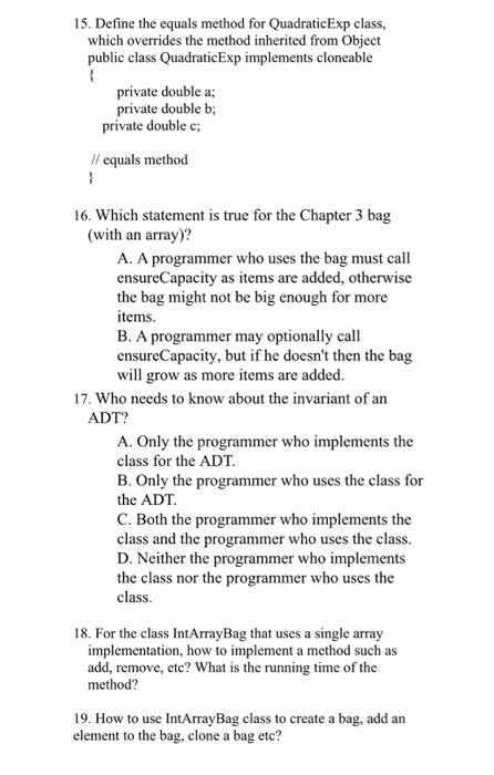 Solved 15. Define the equals method for QuadraticExp class, | Chegg.com
