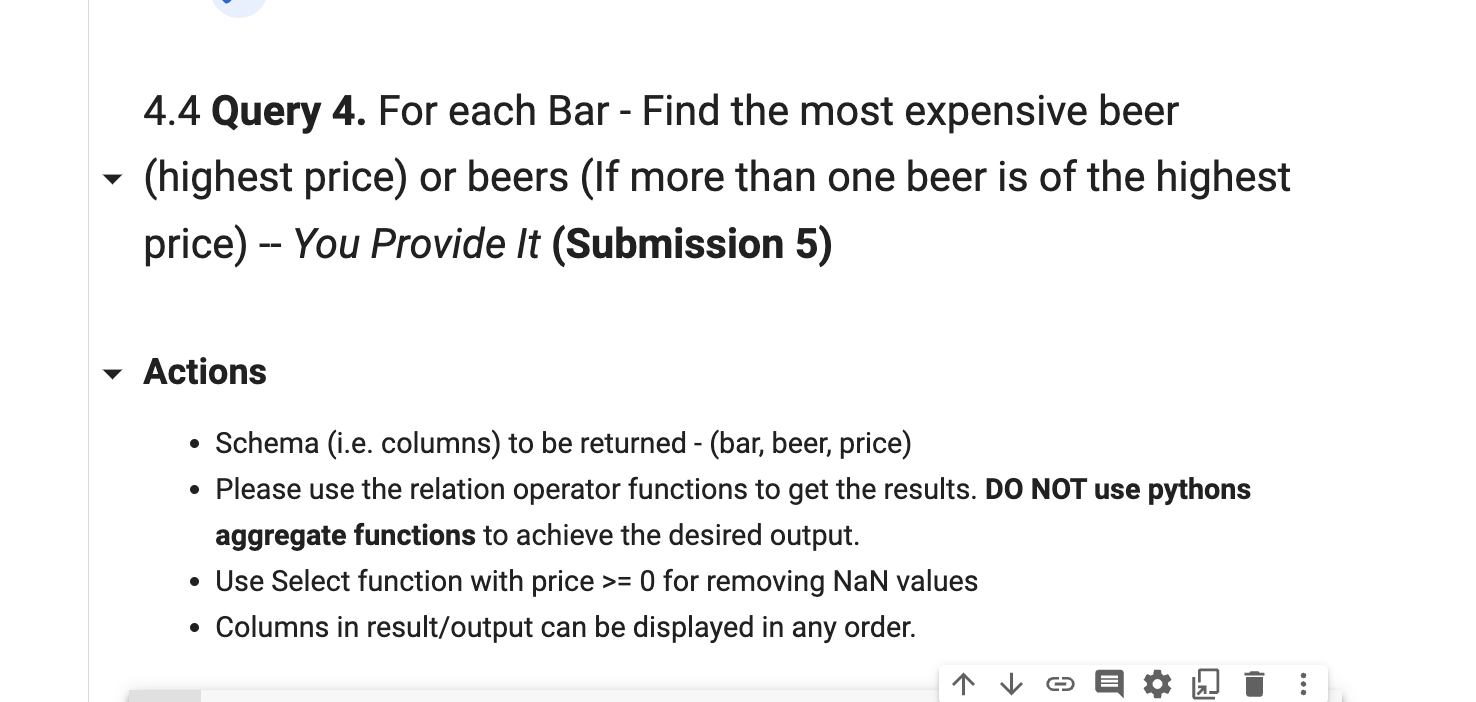 4.4 Query 4. For each Bar - Find the most expensive | Chegg.com