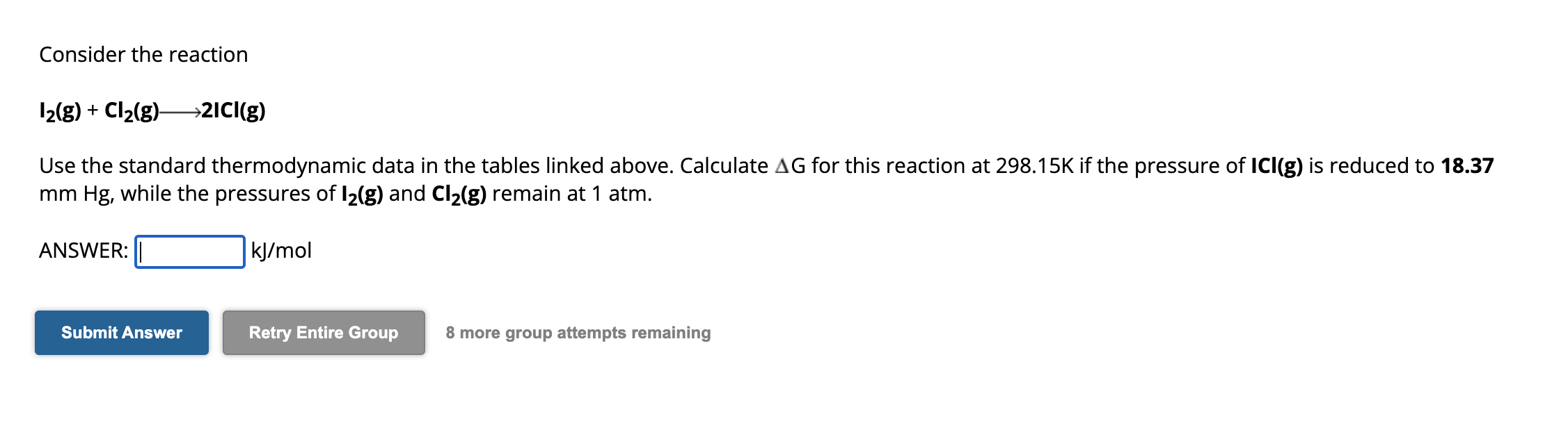 Solved Consider the reaction I2( g)+Cl2( g) 2ICl(g) Use the | Chegg.com