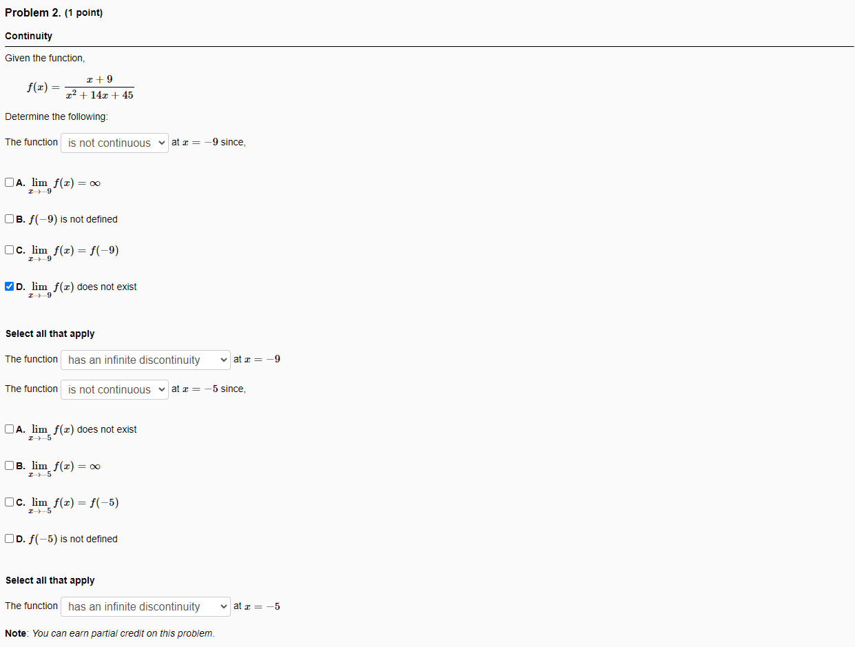 Solved Problem 2. (1 point) Continuity Given the function, | Chegg.com