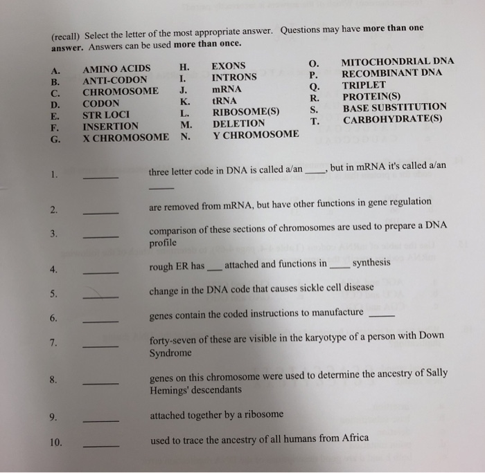Solved Recall Select The Letter Of The Most Appropriate