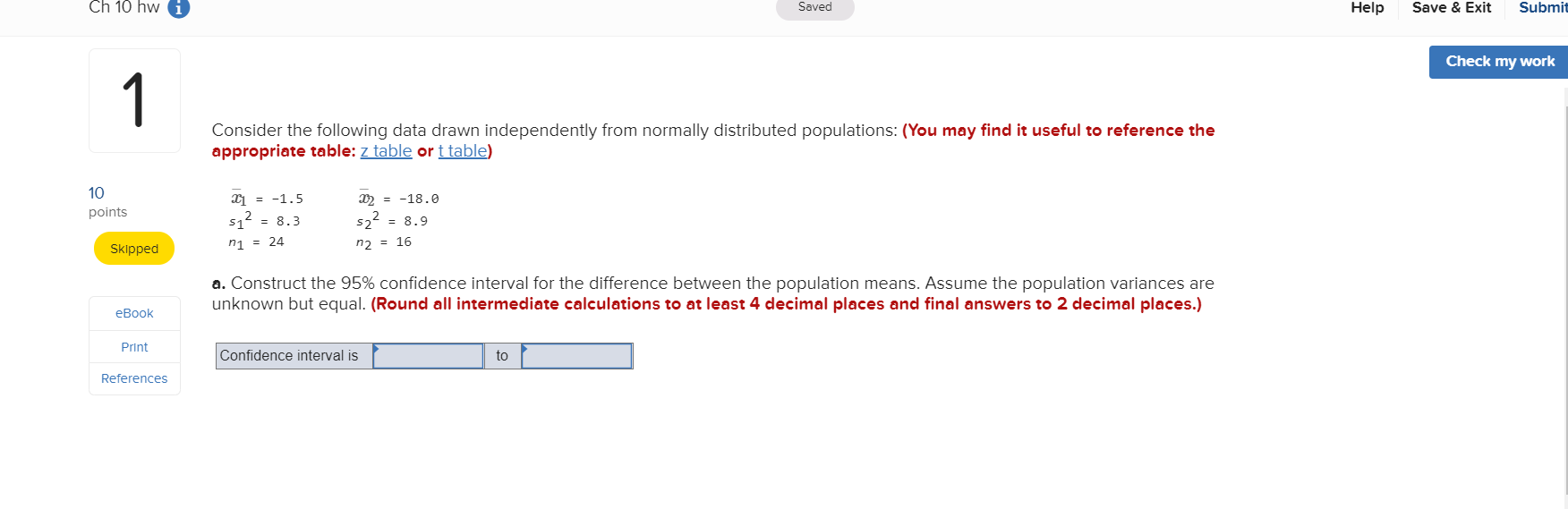 Solved Ch 10 hw i Saved Help Save & Exit Submit Check my | Chegg.com