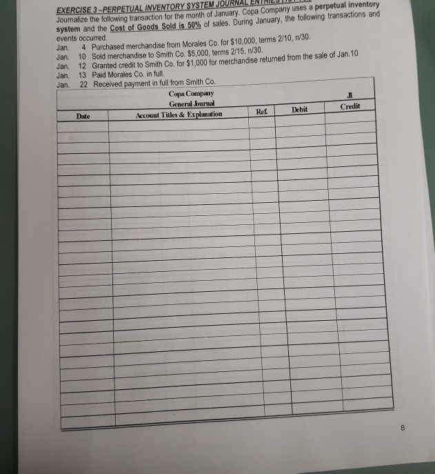 Solved EXERCISE 3 -PERPETUAL INVENTORY SYSTEM JOURNAL EN | Chegg.com
