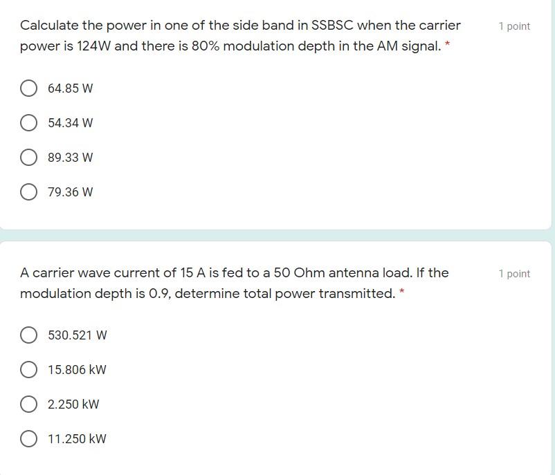 Solved 1 point Calculate the power in one of the side band | Chegg.com