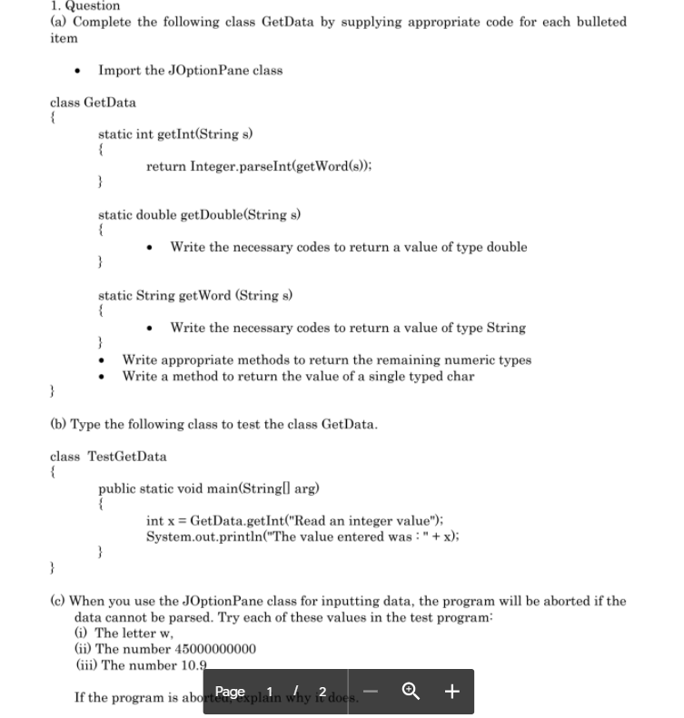 1. Question (a) Complete the following class GetData | Chegg.com
