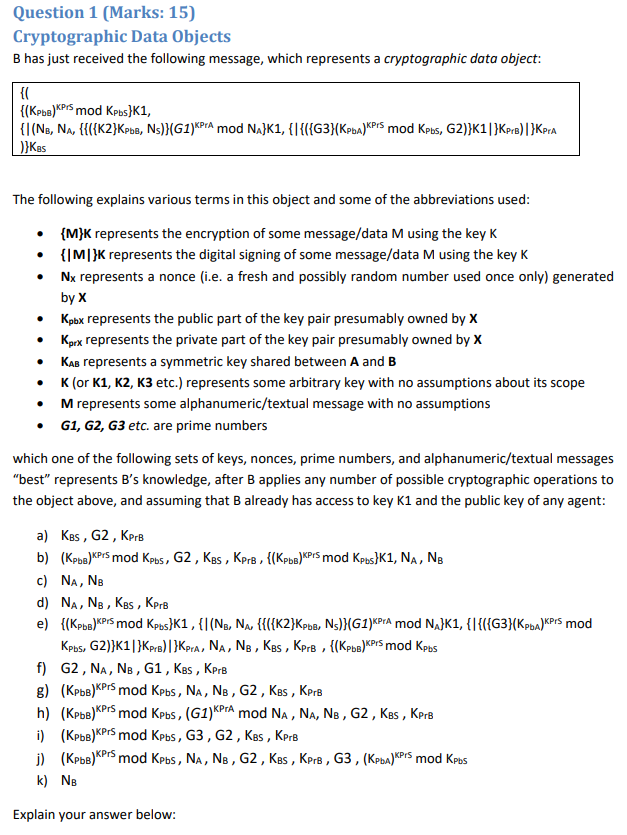 Question 1 (Marks: 15) Cryptographic Data Objects B | Chegg.com