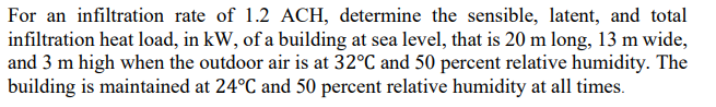Solved For an infiltration rate of 1.2 ACH, determine the | Chegg.com