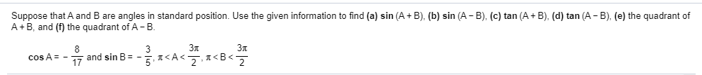 Solved Suppose that A and B are angles in standard position. | Chegg.com