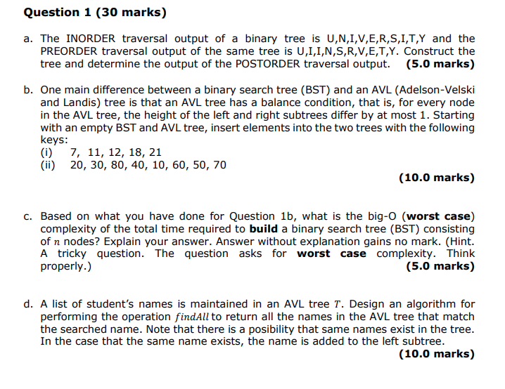 Solved Question 1 (30 marks) a. The INORDER traversal output | Chegg.com