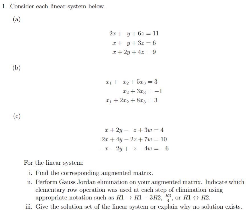 Solved 1. Consider each linear system below. (a) | Chegg.com