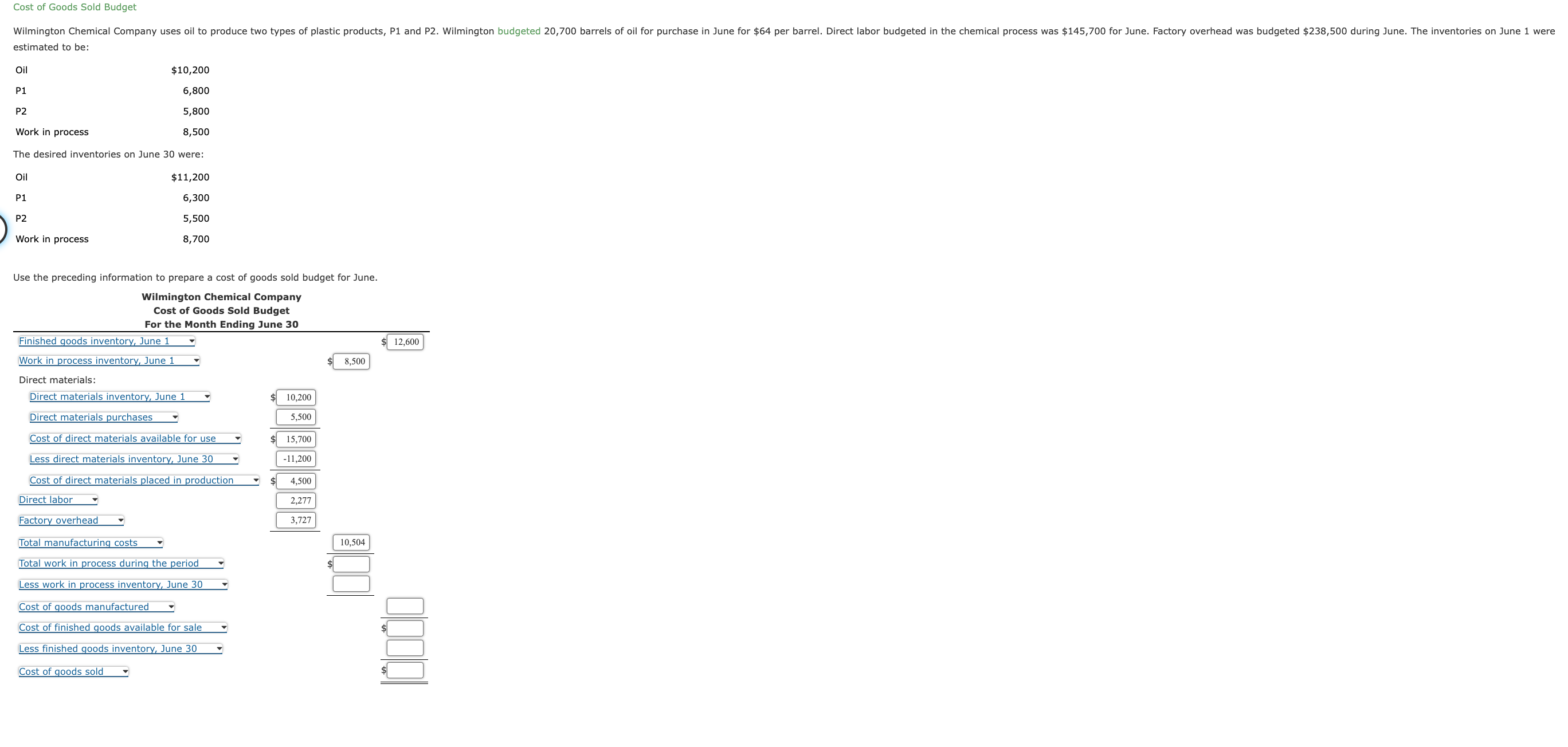 Solved Use the preceding information to prepare a cost of | Chegg.com