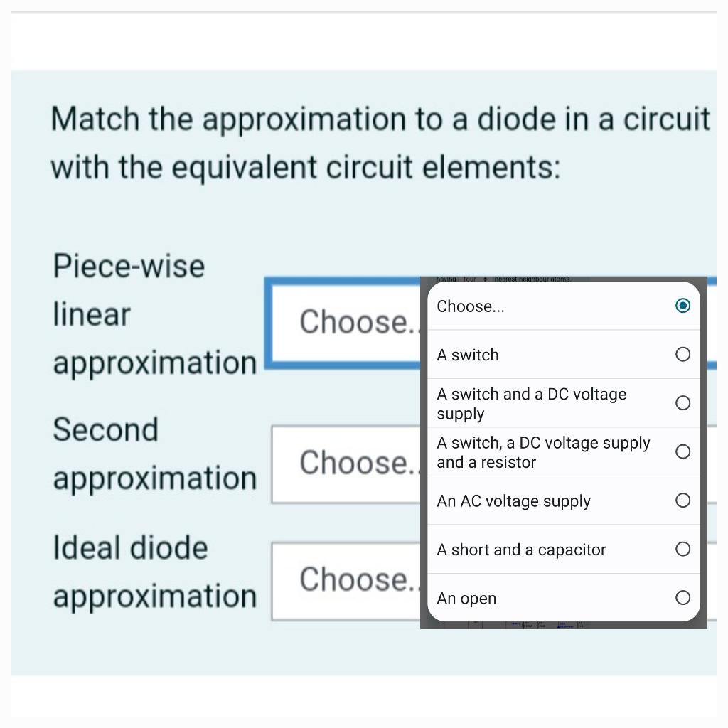 Solved Match the approximation to a diode in a circuit with | Chegg.com