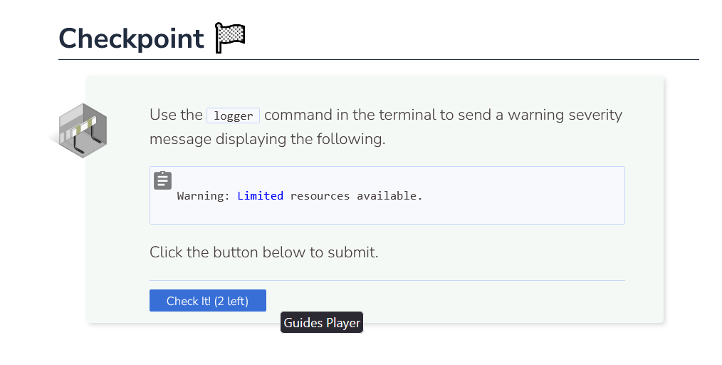 Solved CheckpointUse the logger command in the terminal to | Chegg.com