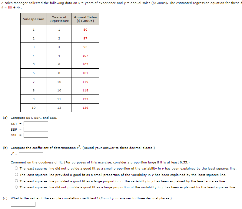Solved y^=80+4x (a) Compute SST, SSR, and SSE. SST=SSR= SSE | Chegg.com