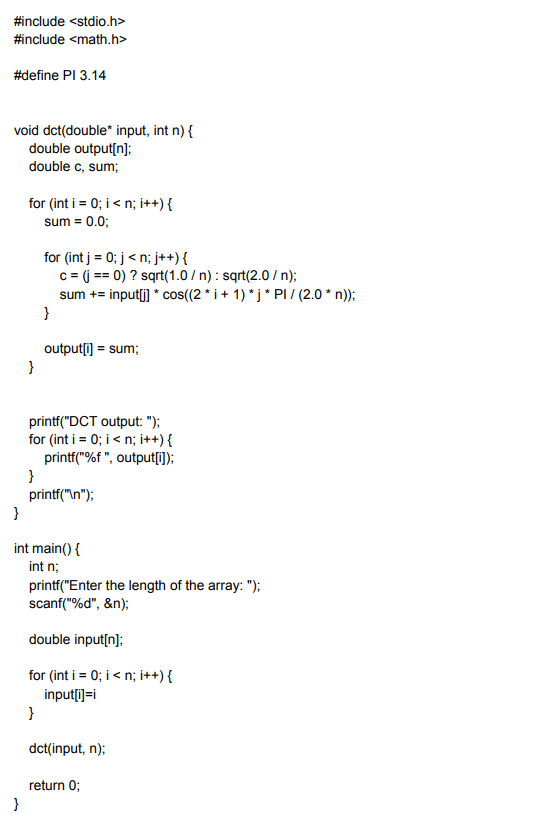 Solved The above code is performing a discrete cosine | Chegg.com