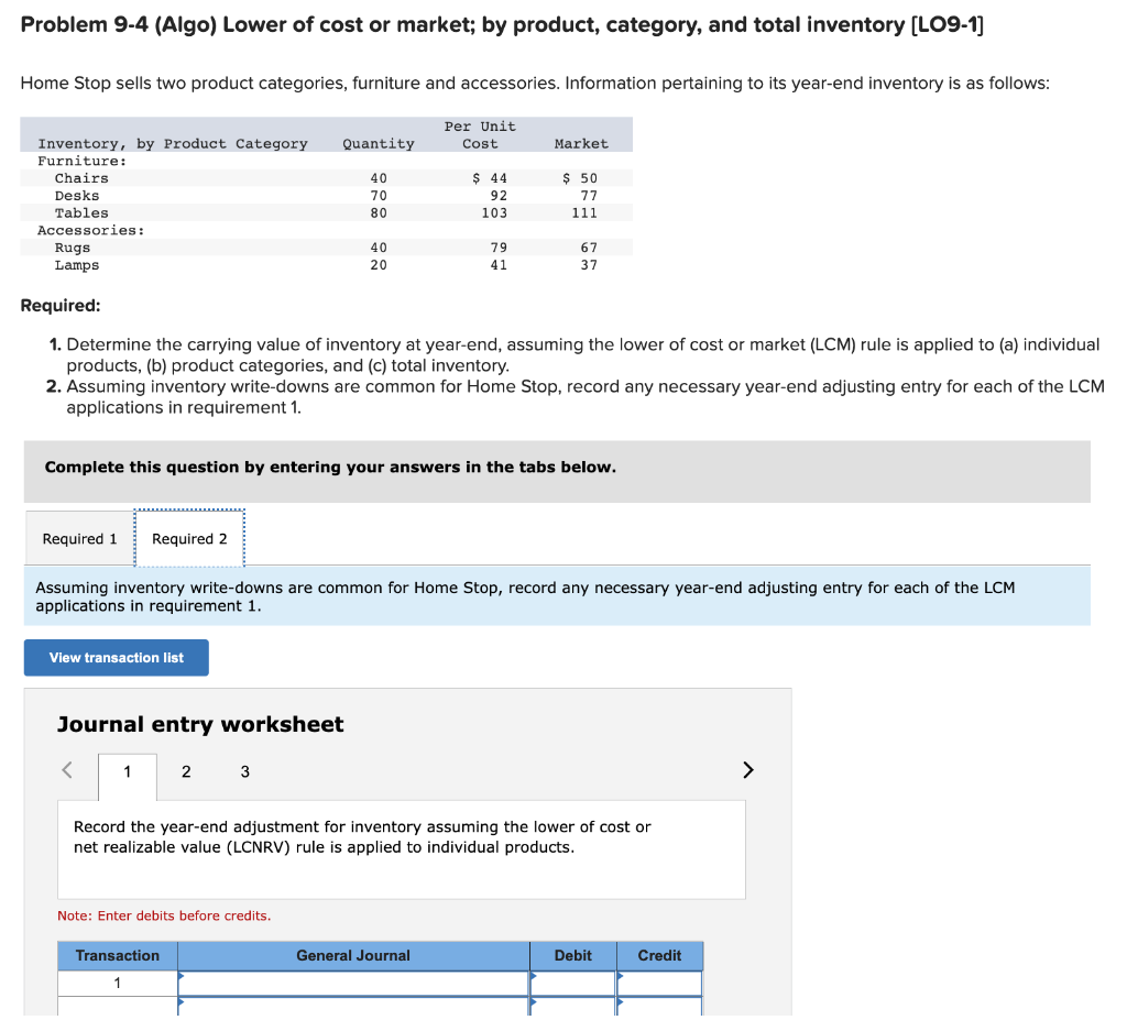 Solved Problem 9-4 (Algo) Lower of cost or market; by | Chegg.com