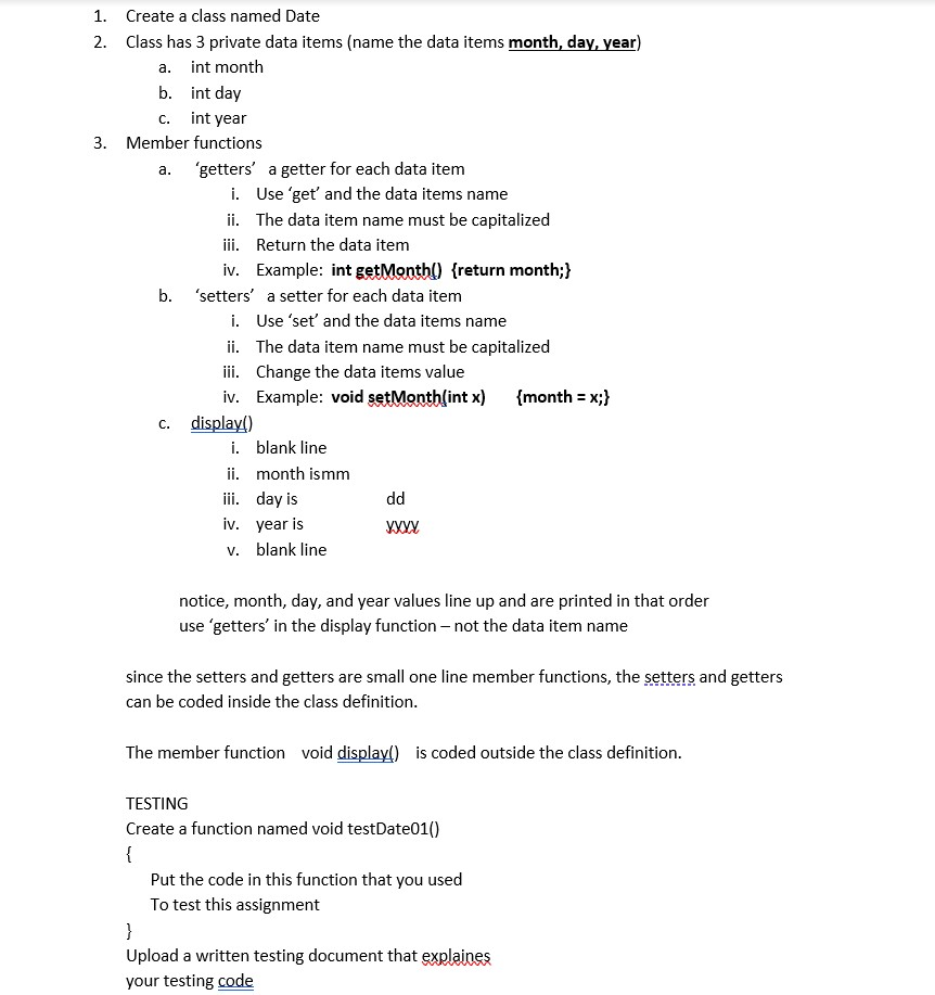 Solved int year 1. Create a class named Date 2. Class has 3 | Chegg.com