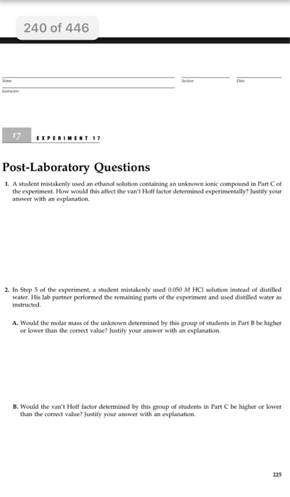 240 of 446 EXPERIMENT 17 Post-Laboratory Questions 1. | Chegg.com