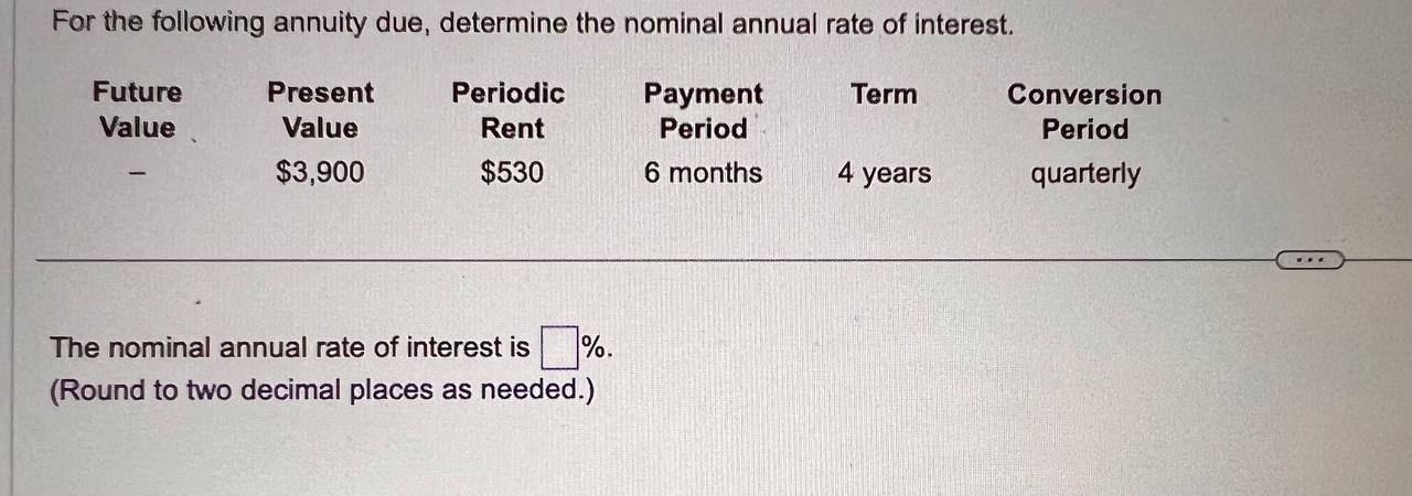 Solved For the following annuity due, determine the nominal | Chegg.com