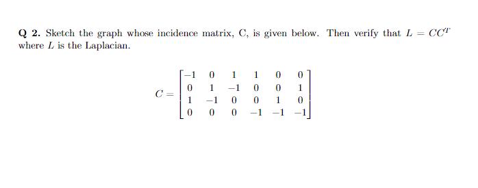 Solved Q 2. Sketch the graph whose incidence matrix, C, is | Chegg.com