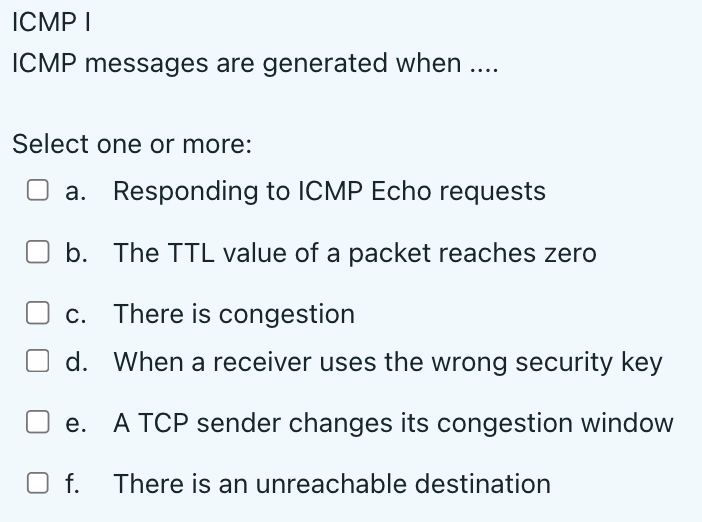 Solved ICMP I ICMP messages are generated when .... Select | Chegg.com