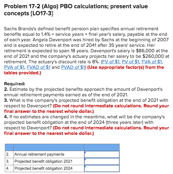 Solved Problem 17-2 (Algo) PBO calculations; present value | Chegg.com