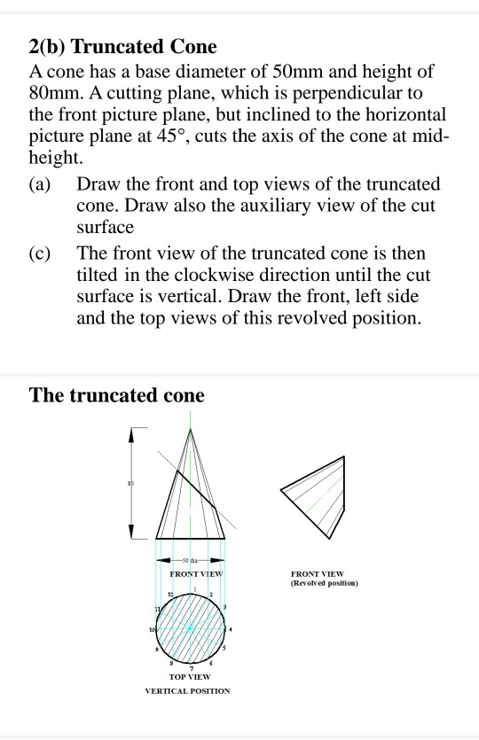 Solved 2(b) Truncated Cone A cone has a base diameter of | Chegg.com