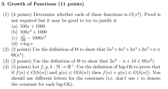 Solved 3. Growth of Functions (11 points) (1) (4 points) | Chegg.com