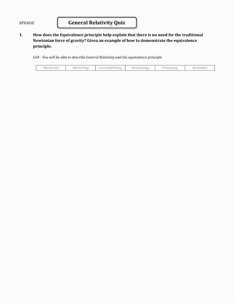 Solved SPH400 General Relativity Quiz 1. How does the | Chegg.com