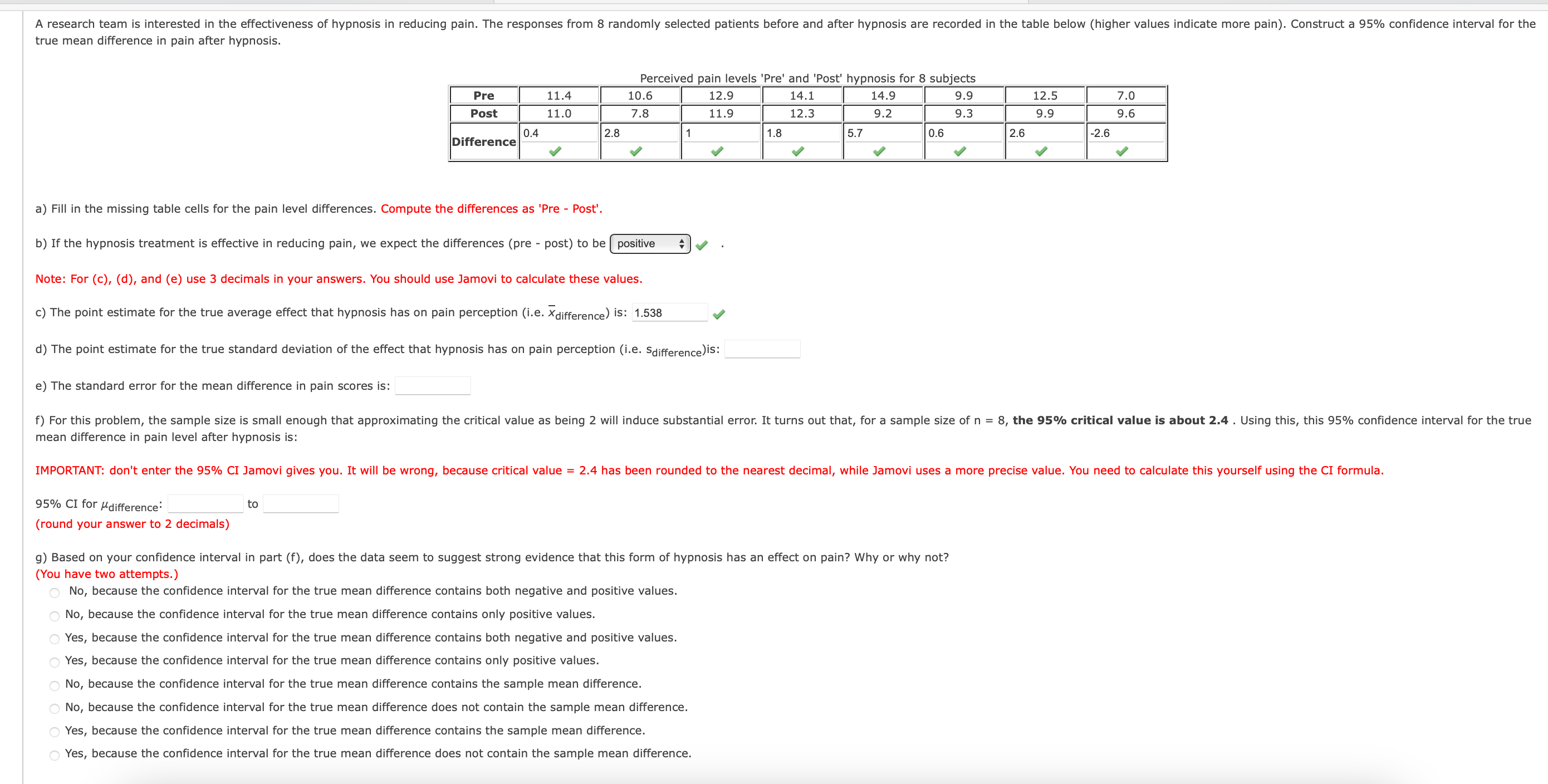 Solved true mean difference in pain after hypnosis. a) Fill | Chegg.com