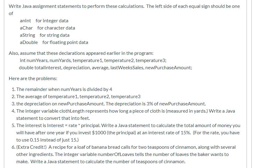 Solved Write Java assignment statements to perform these | Chegg.com