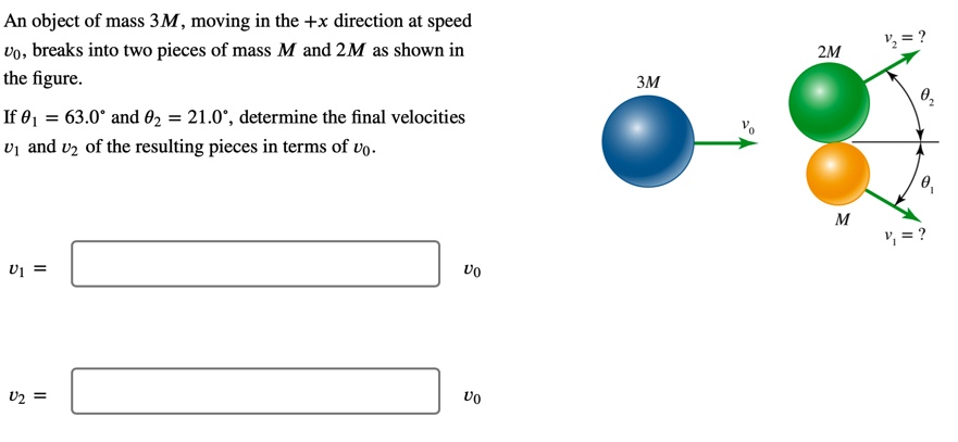 Solved An object of mass 3M, moving in the +x direction at | Chegg.com