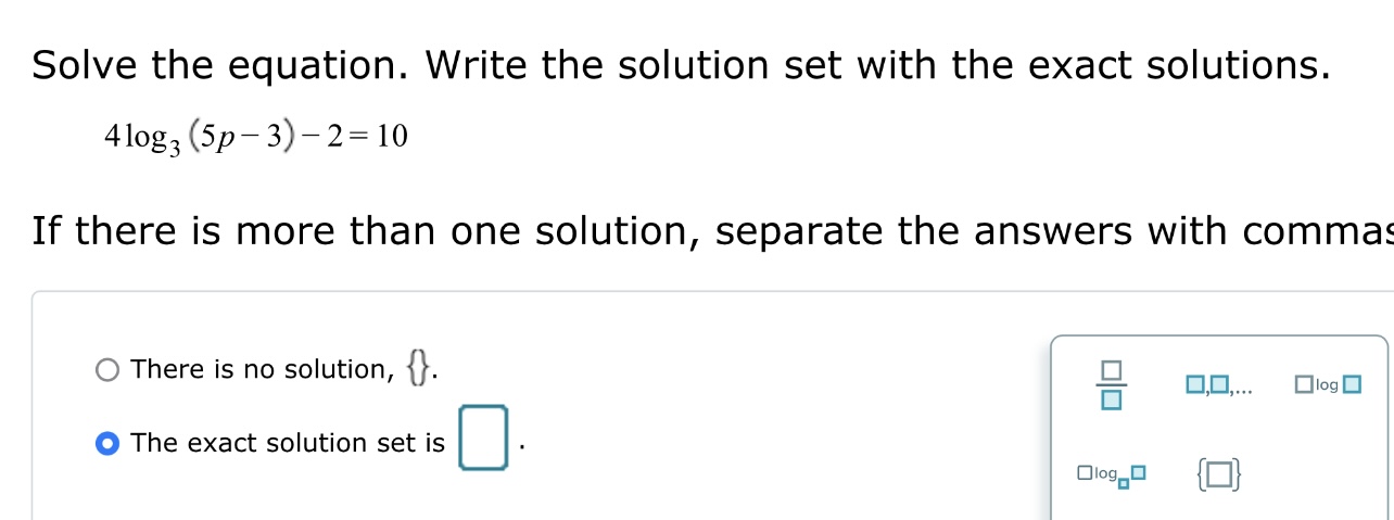 Solved Solve the equation. Write the solution set with the | Chegg.com