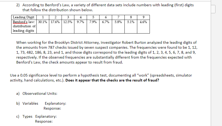 Solved 2) According to Benford's Law, a variety of different | Chegg.com