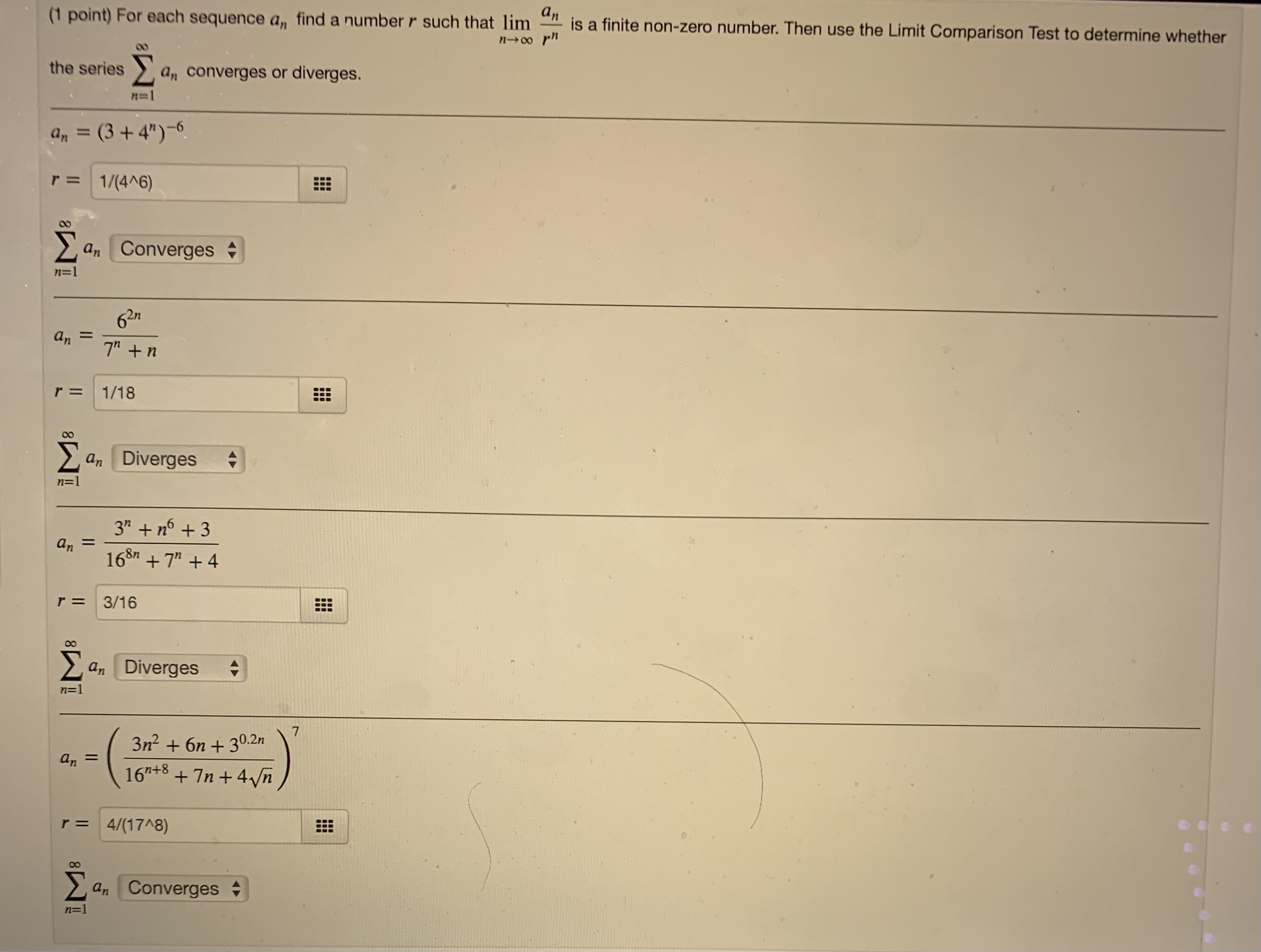 (1 point) For each sequence an find a number r such | Chegg.com