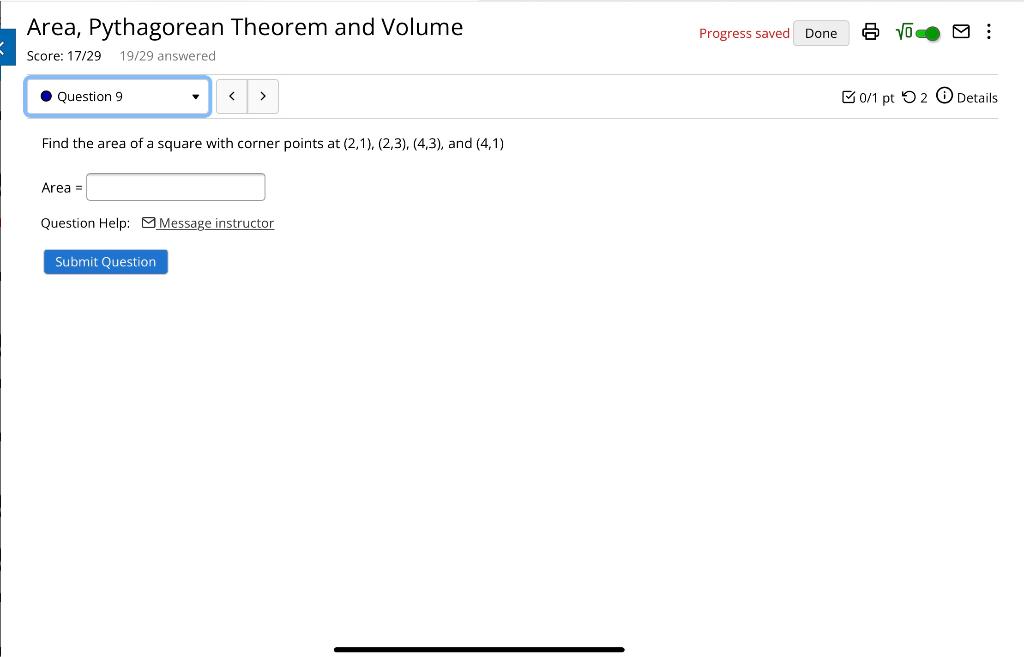 Solved Area, Pythagorean Theorem and Volume Progress saved | Chegg.com