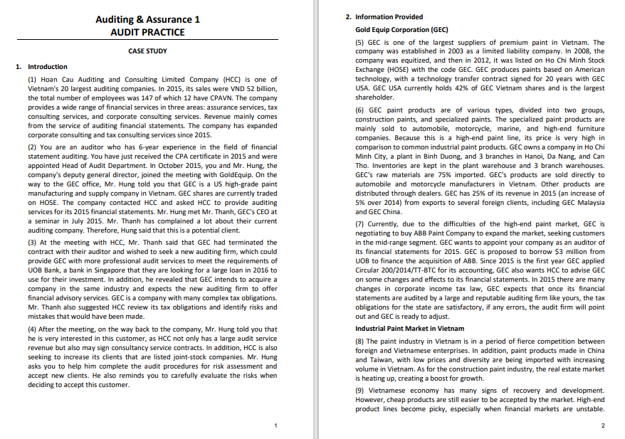 Auditing \& Assurance 1 AUDIT PRACTICE CASE STUDY | Chegg.com