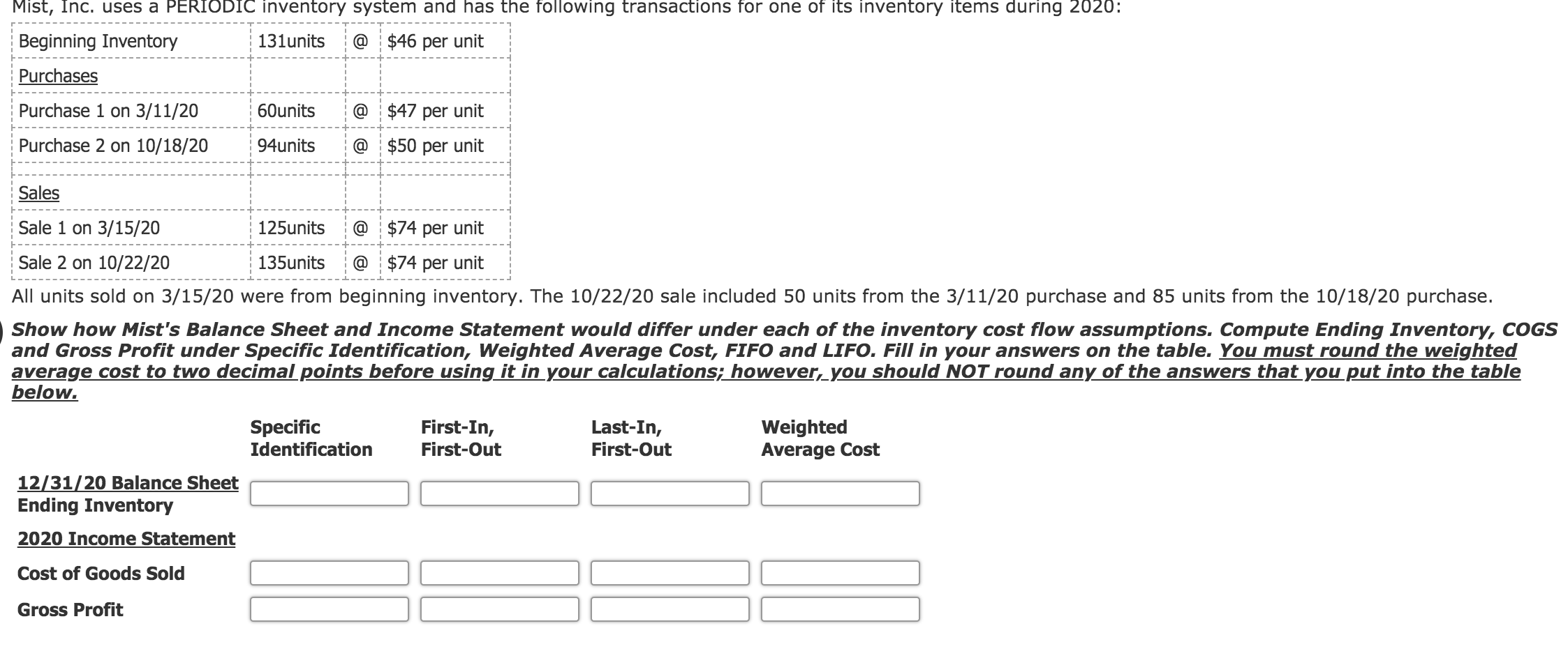 Solved Mist, Inc. uses a PERIODIC inventory system and has | Chegg.com