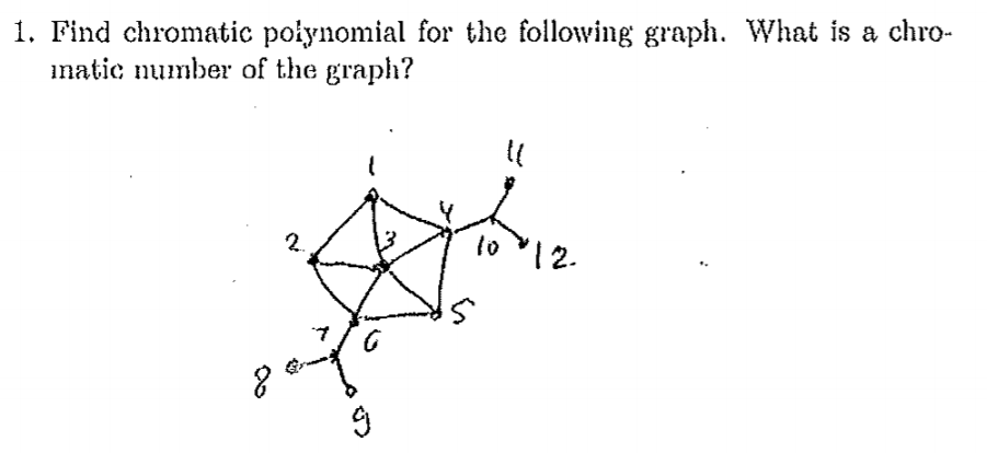 Solved 1. Find chromatic polynomial for the following graph. | Chegg.com