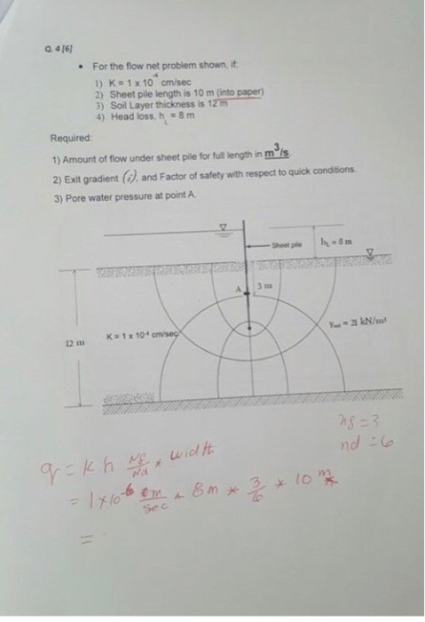 Solved Q. 416 . For the flow net problem shown, it 1) K=1x10 | Chegg.com