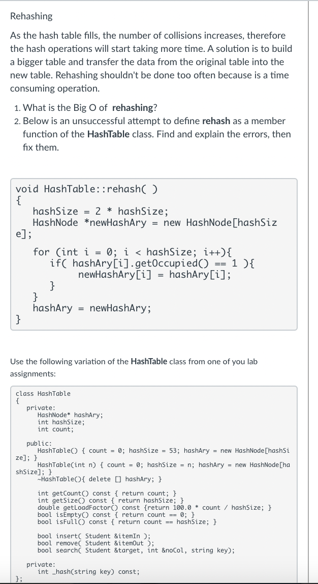 Solved Rehashing As the hash table fills, the number of | Chegg.com